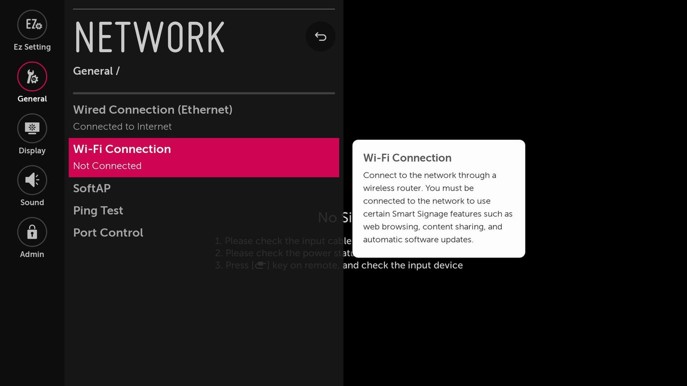 How to configure the WiFi on my LG webOS Signage monitor?